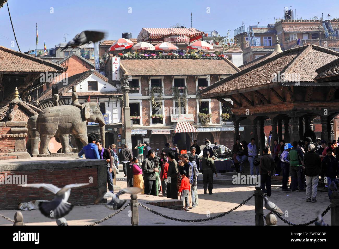 Lively square in front of traditional buildings with flying pigeons ...