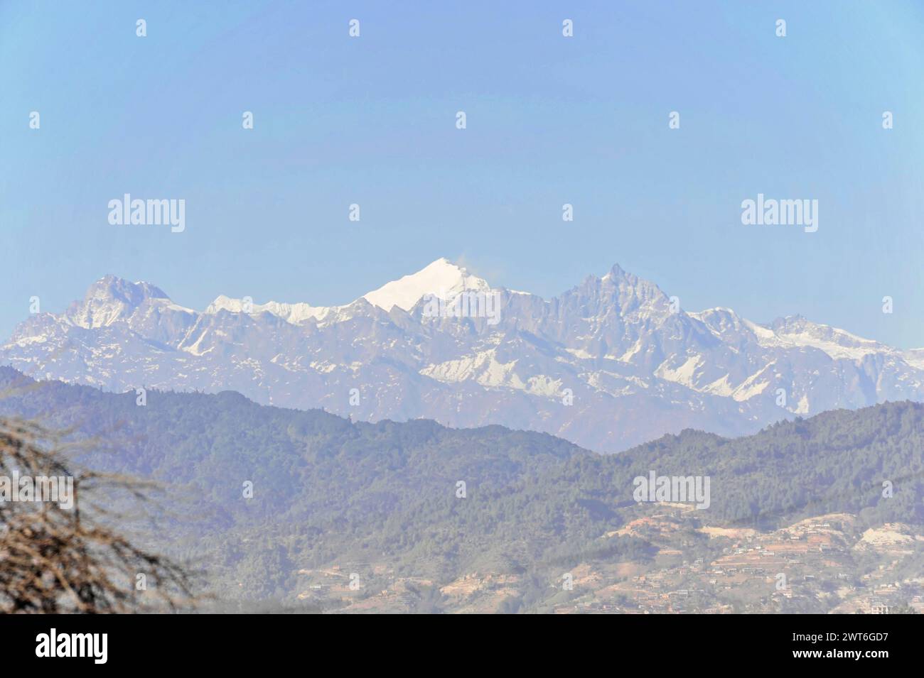 Wide view of a mountain range with snow-covered peaks, Kathmandu valley ...