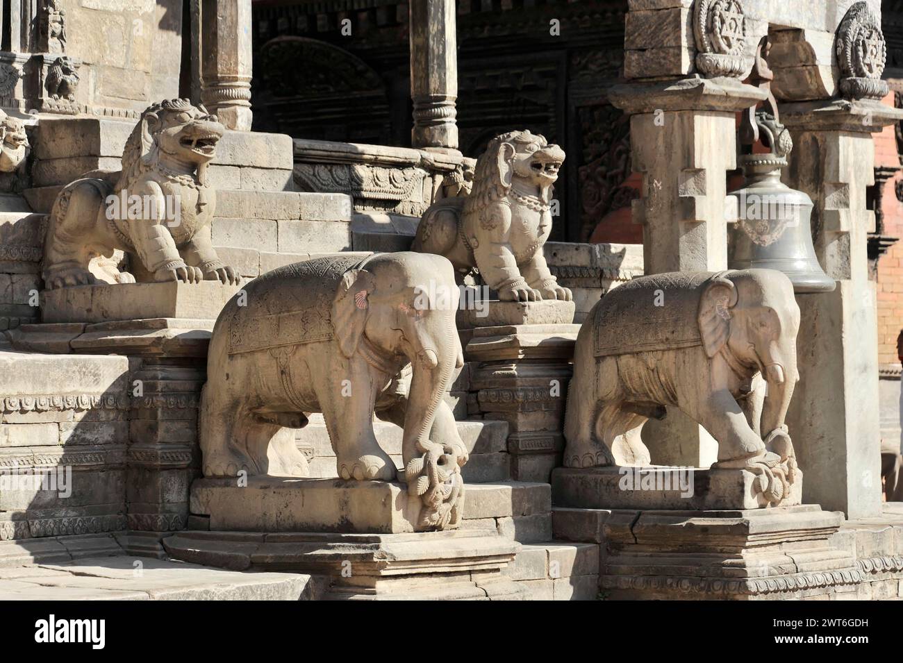 Stone sculptures of elephants at an entrance in Nepal, Kathmandu Valley ...
