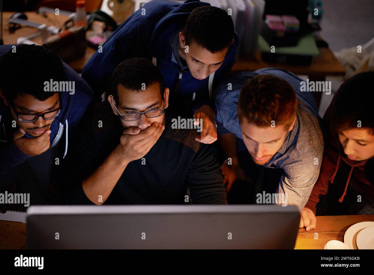 Group, surprise and friends with computer, internet and emotions with ...