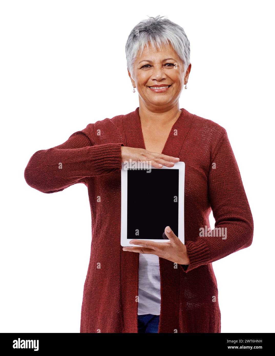 Portrait, mature woman and tablet with screen, smile and model isolated ...