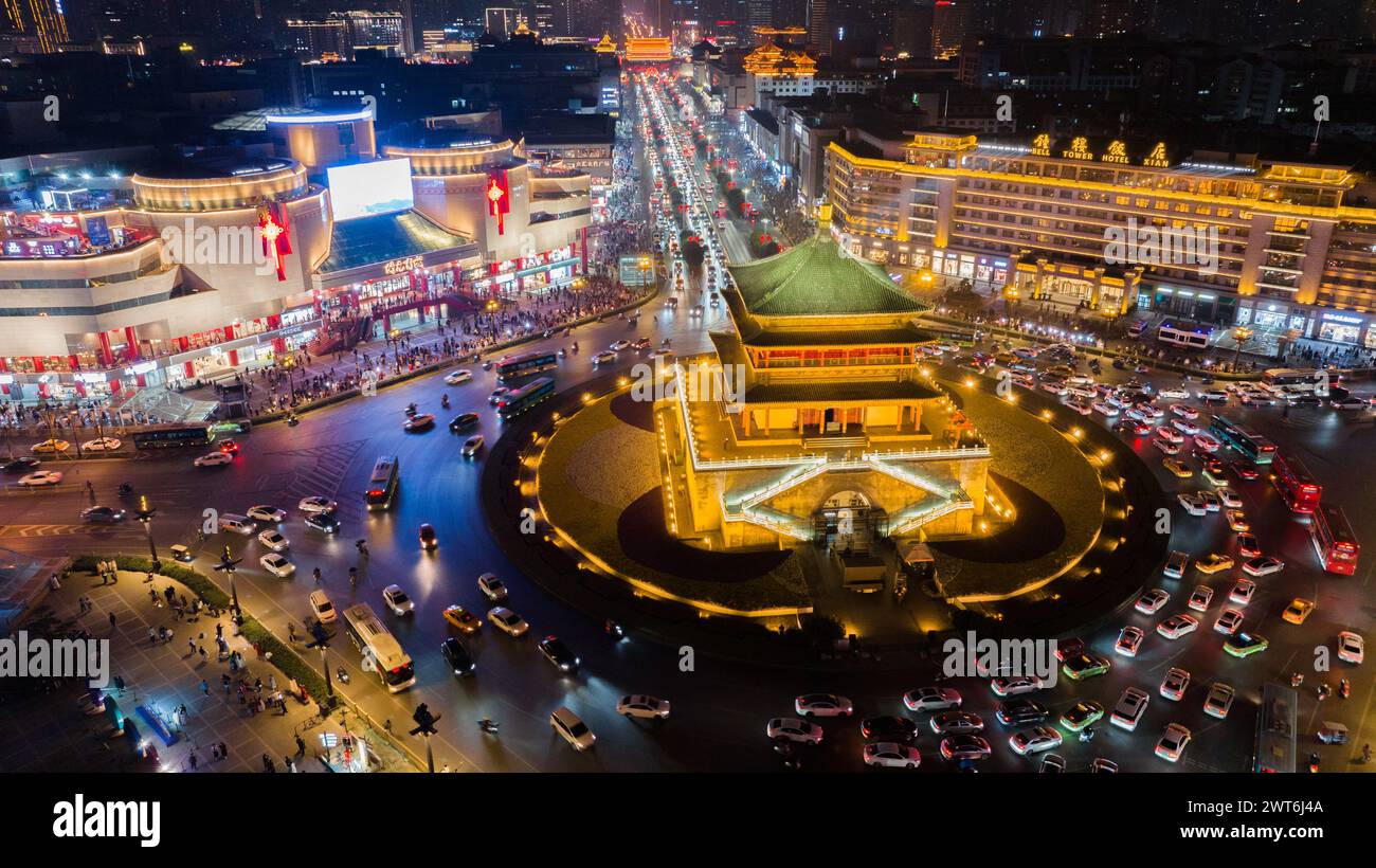 A photo taken on March 15, 2024, shows the night view of the Drum Tower ...