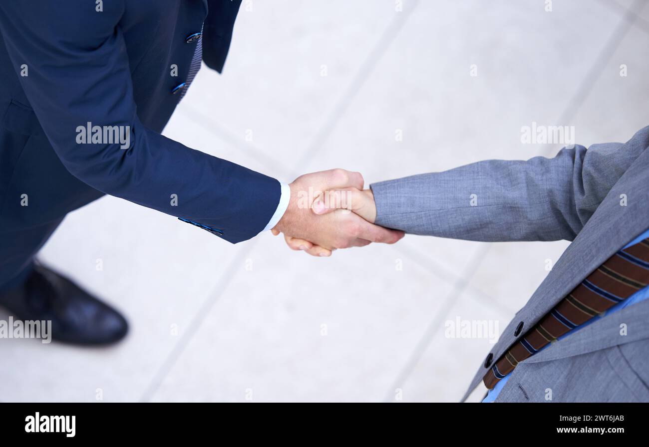 Top view, business people and handshake for deal, collaboration and b2b ...