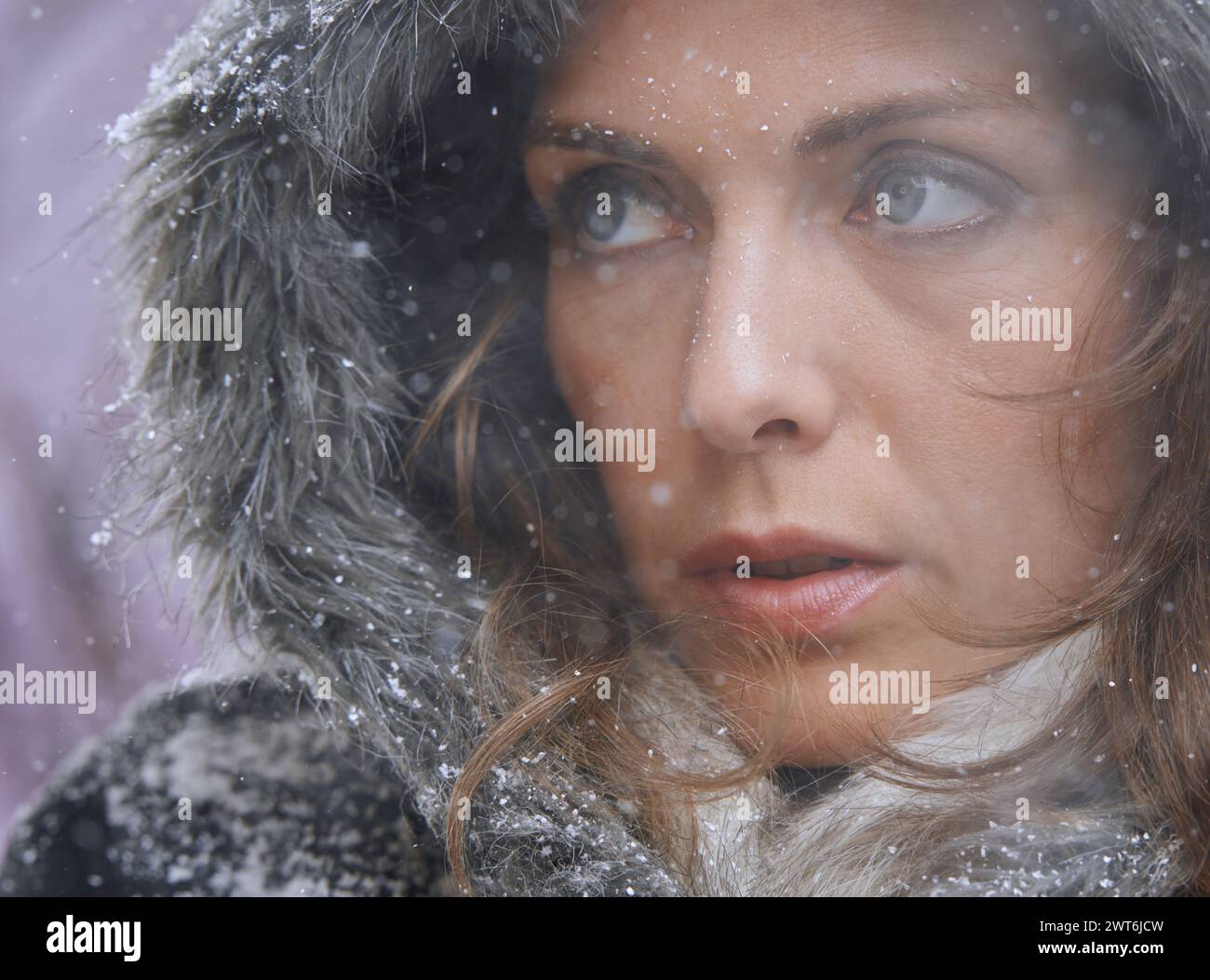 Snow, woman and thinking in nature with cold climate and weather with ...