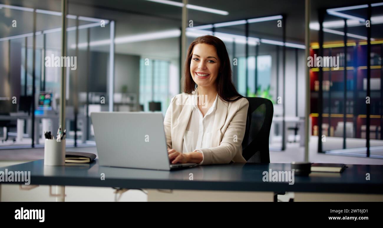 Happy Business Employee Desktop On Computer In Office Stock Photo - Alamy