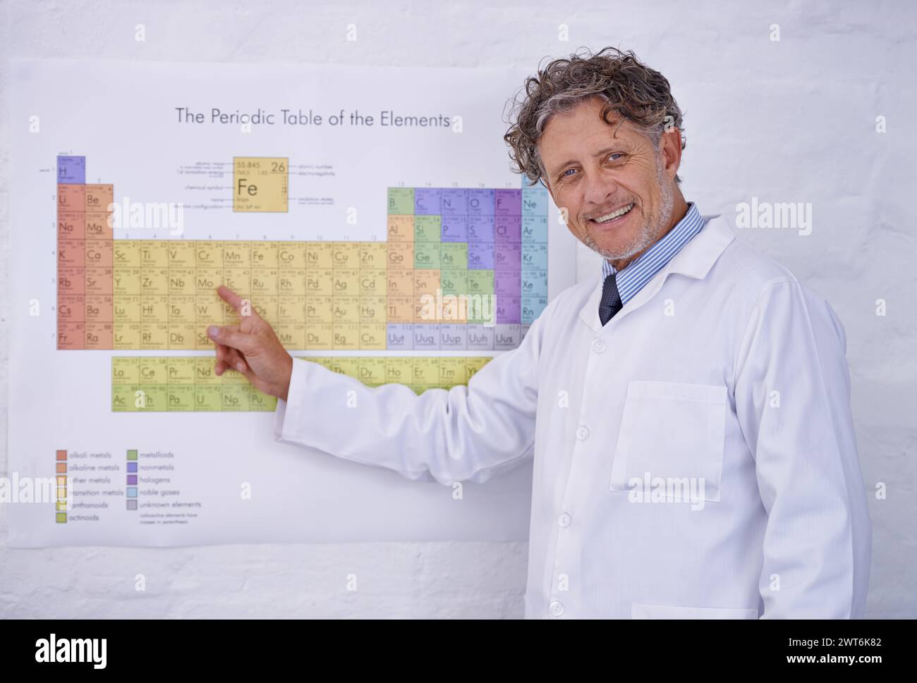 Laboratory, periodic table and portrait of scientist with research ...