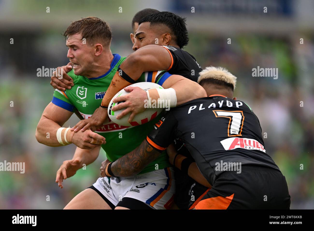 Canberra, Australia. 16th Mar, 2024. Hudson Young of the Raiders is ...