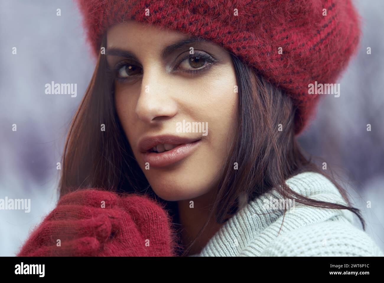 Winter, fashion and portrait of woman with gloves for style with turtle ...