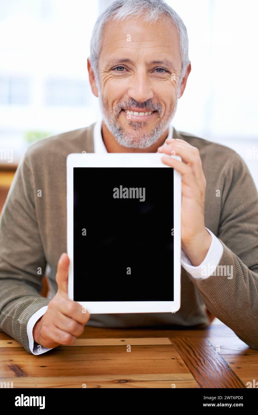Portrait, tablet screen and happy man or manager showing mockup space ...