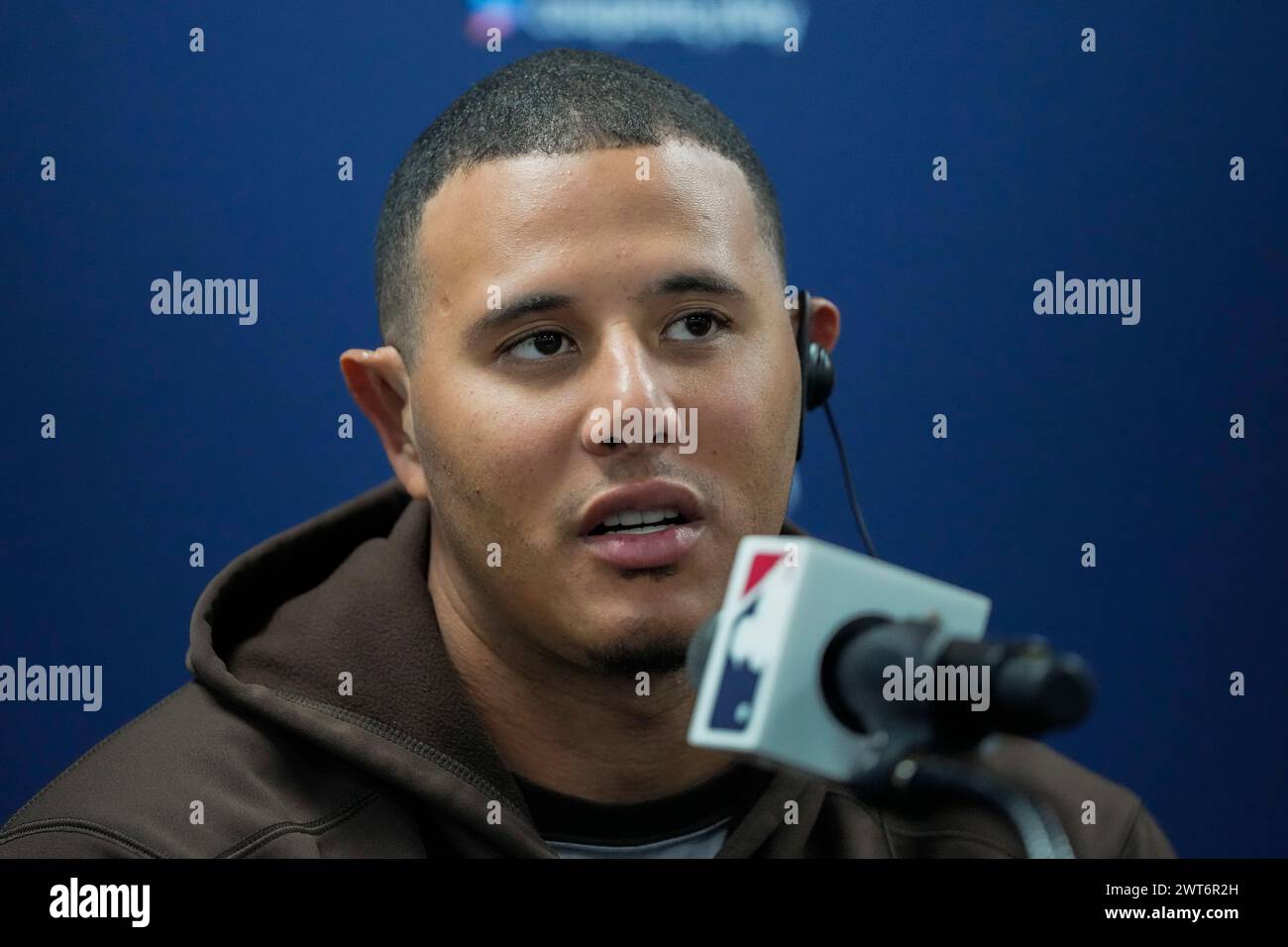 San Diego Padres' Manny Machado talks to reporters during a news ...