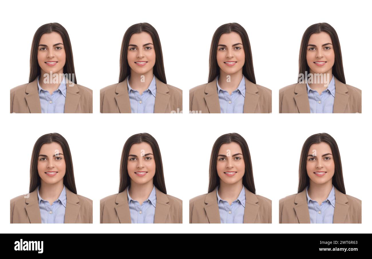 Passport photo, collage. Woman on white background, set of photos Stock ...