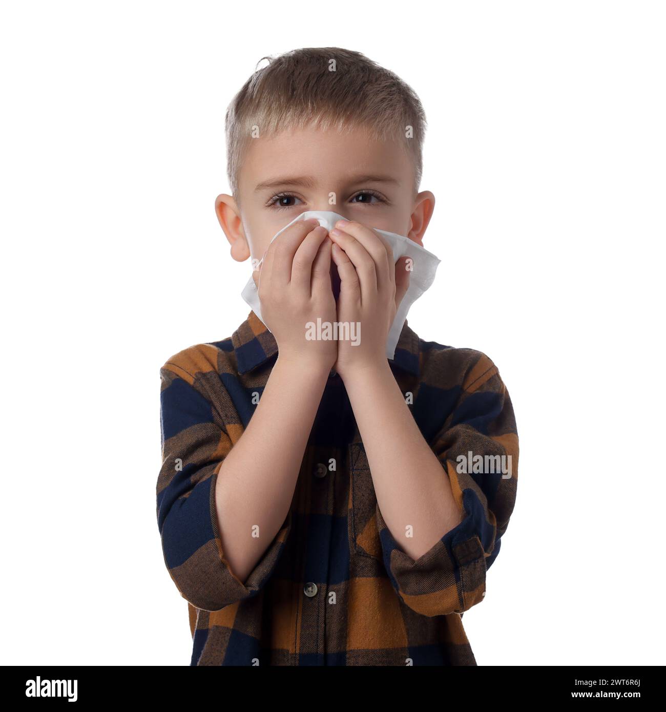 Sick boy with tissue coughing on white background. Cold symptoms Stock ...