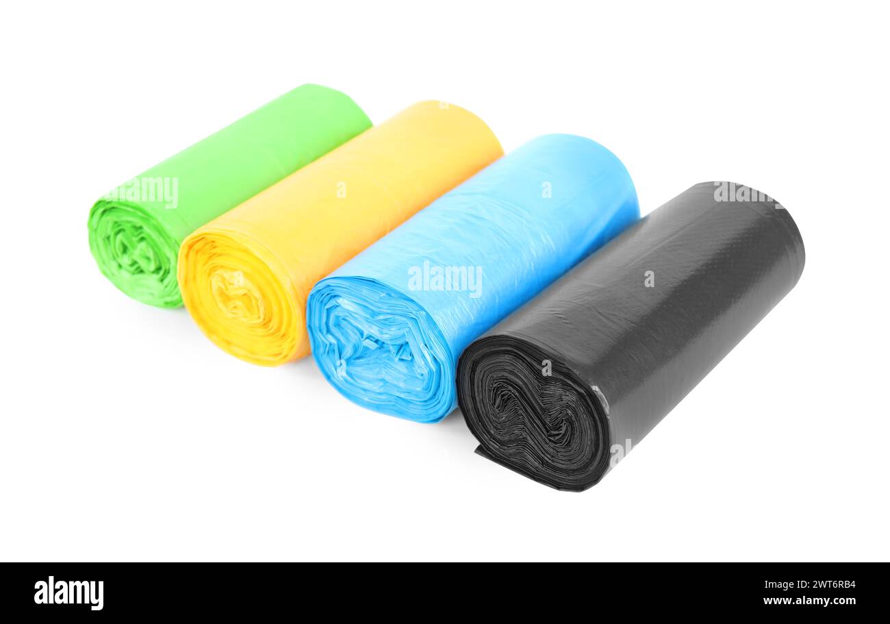 Rolls of colorful garbage bags isolated on white Stock Photo - Alamy