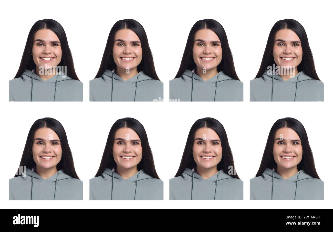 Passport photo, collage. Woman on white background, set of photos Stock ...