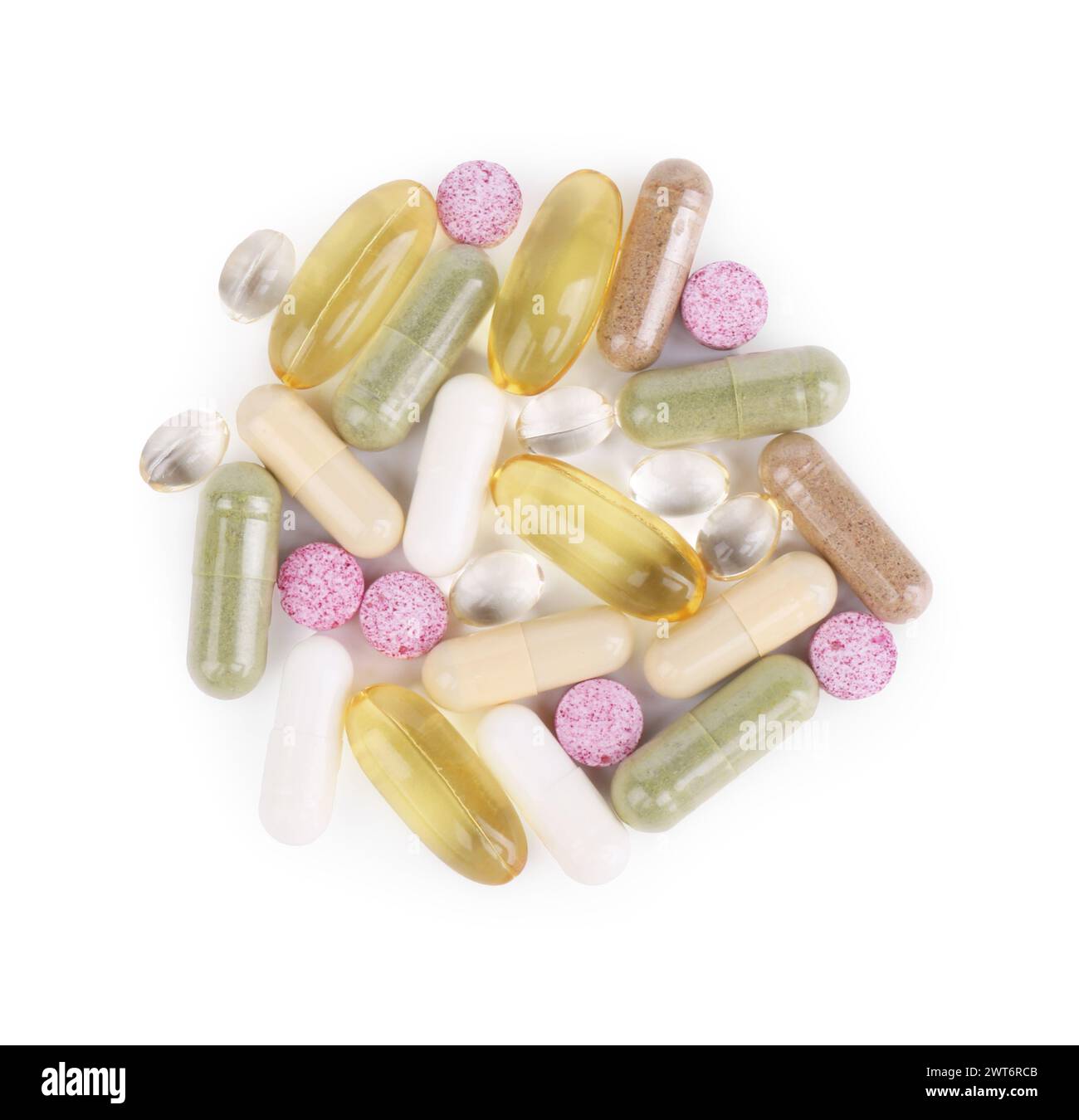 Many different vitamin pills isolated on white, top view Stock Photo ...