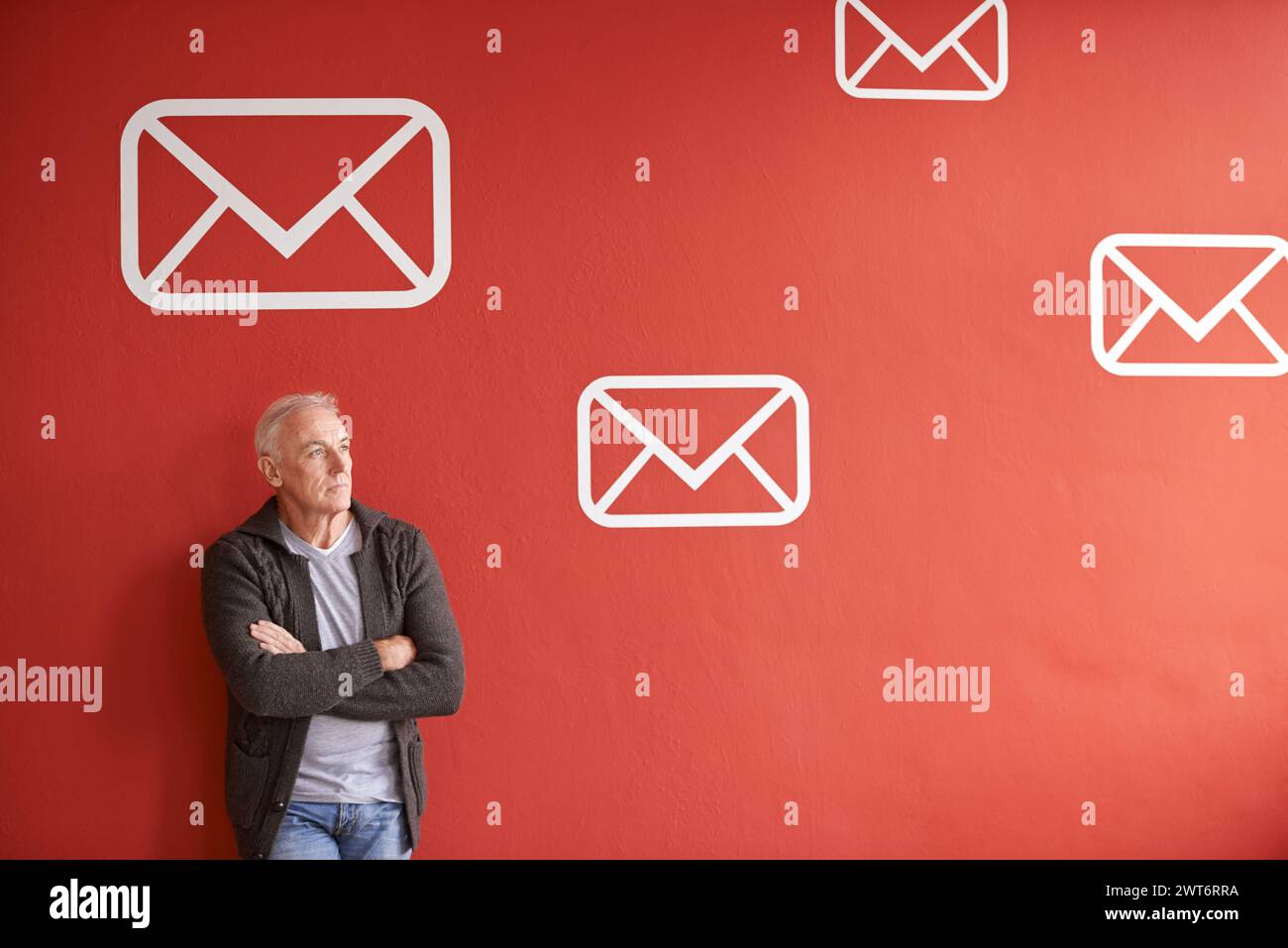 Email symbol, thinking and senior man with arms crossed, ideas and ...