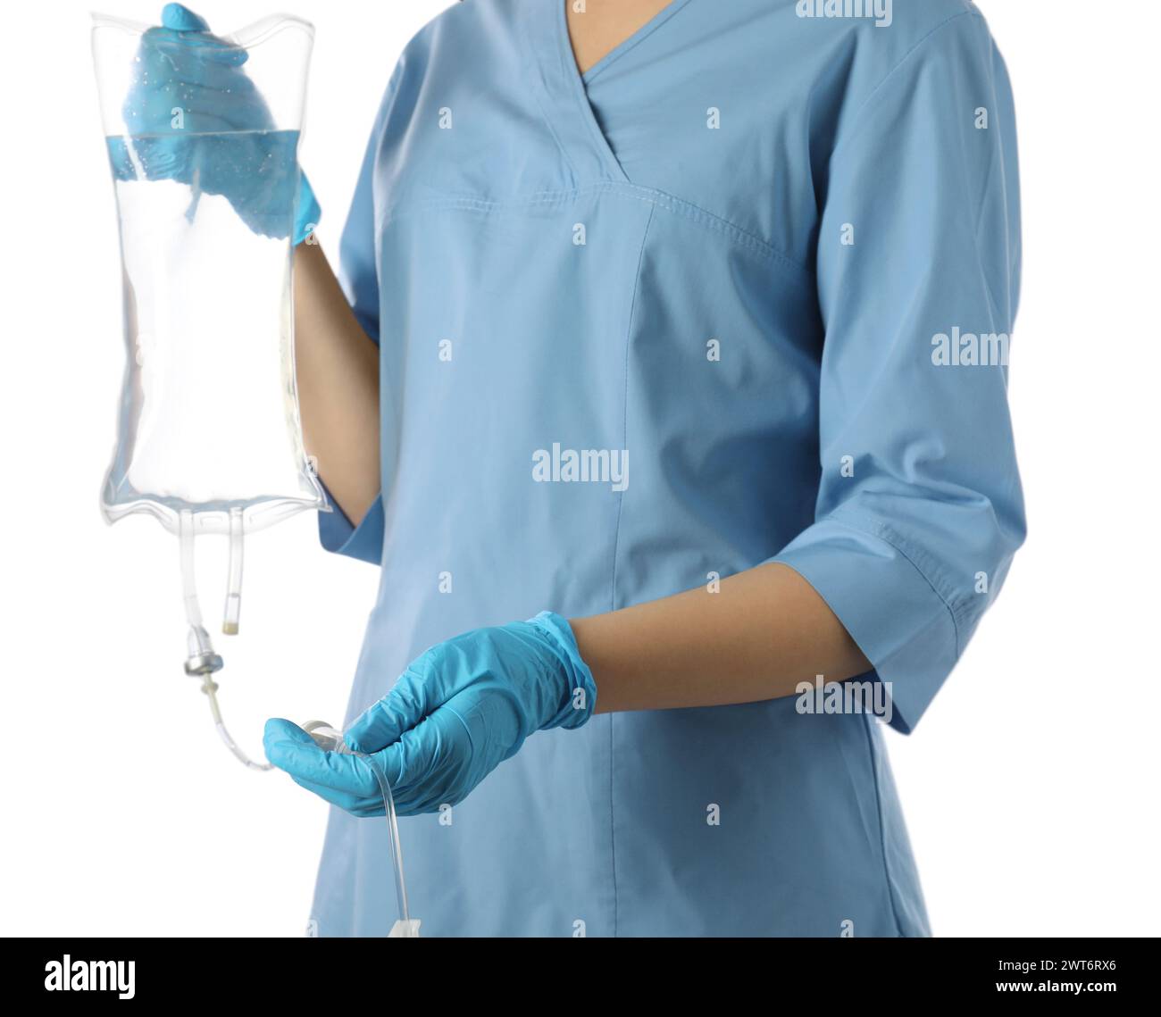 Nurse with IV infusion set on white background, closeup Stock Photo - Alamy