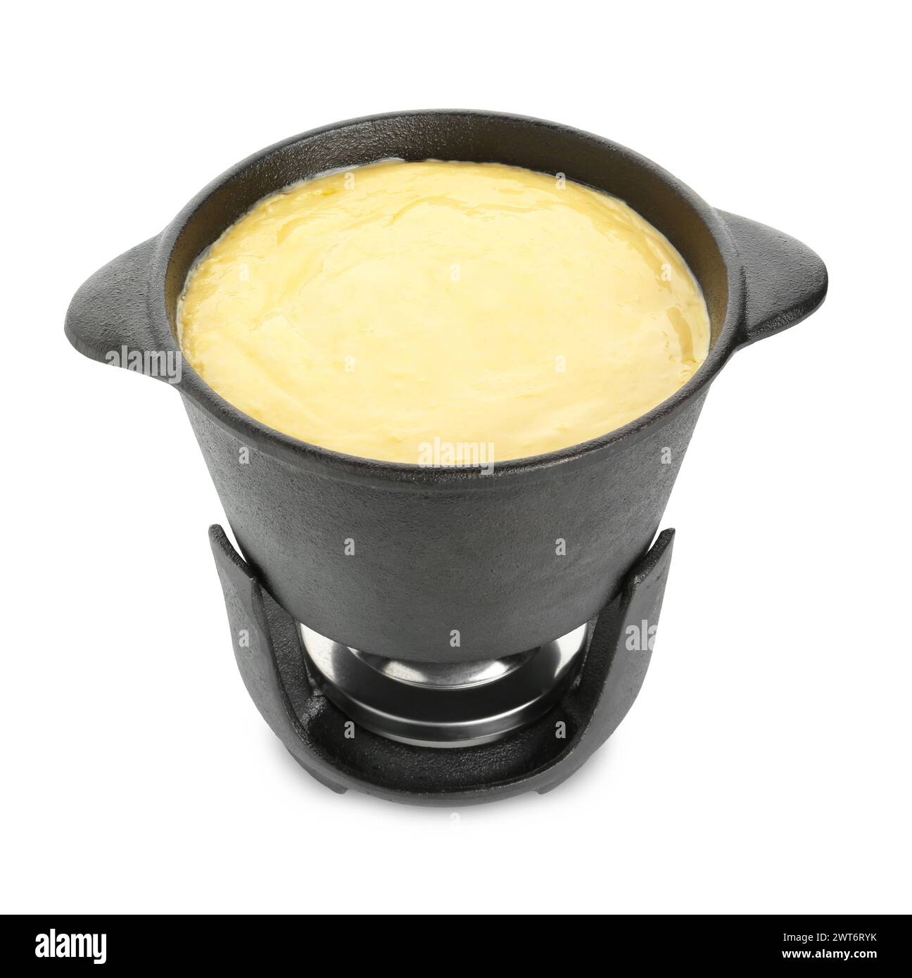 Fondue pot with tasty melted cheese isolated on white Stock Photo - Alamy