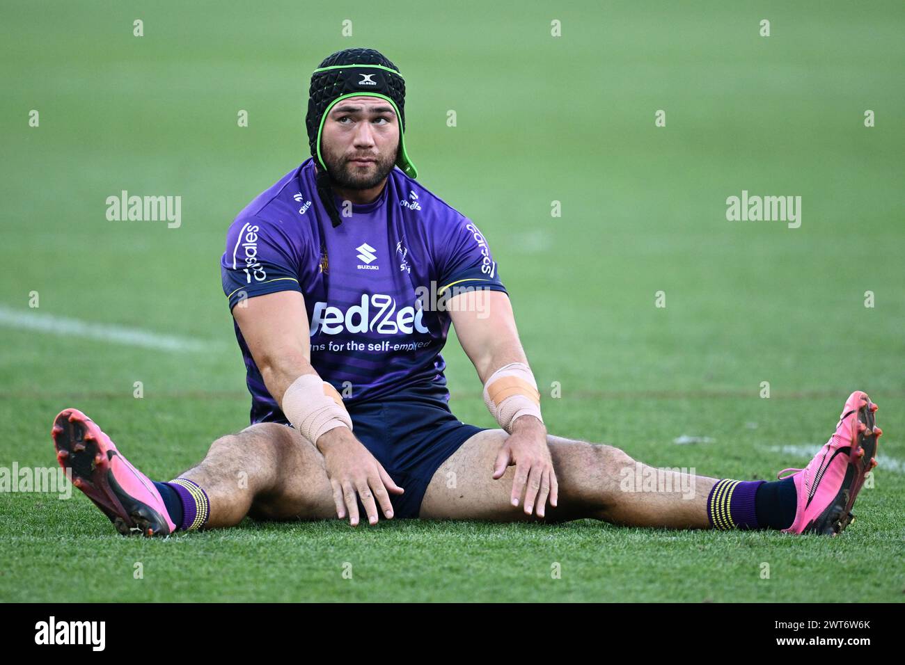 Melbourne, Australia. 16th Mar, 2024. Tepai Moeroa of the Storm warms ...