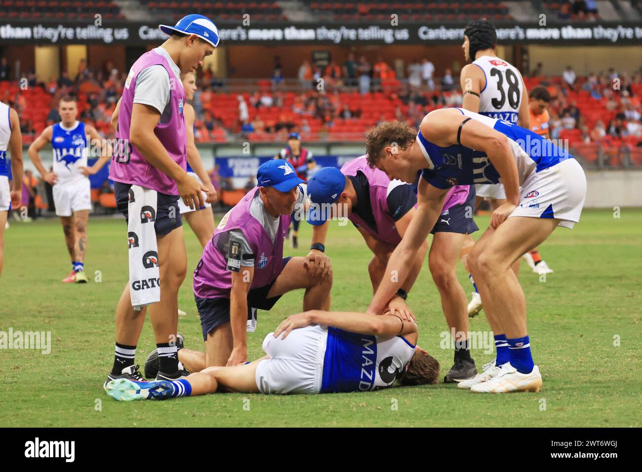 Sydney, Australia. 16th Mar, 2024. Josh Goater of the Kangaroos suffers ...