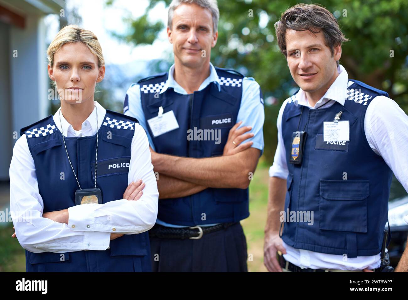 Security, law enforcement and portrait of police team outdoors for ...