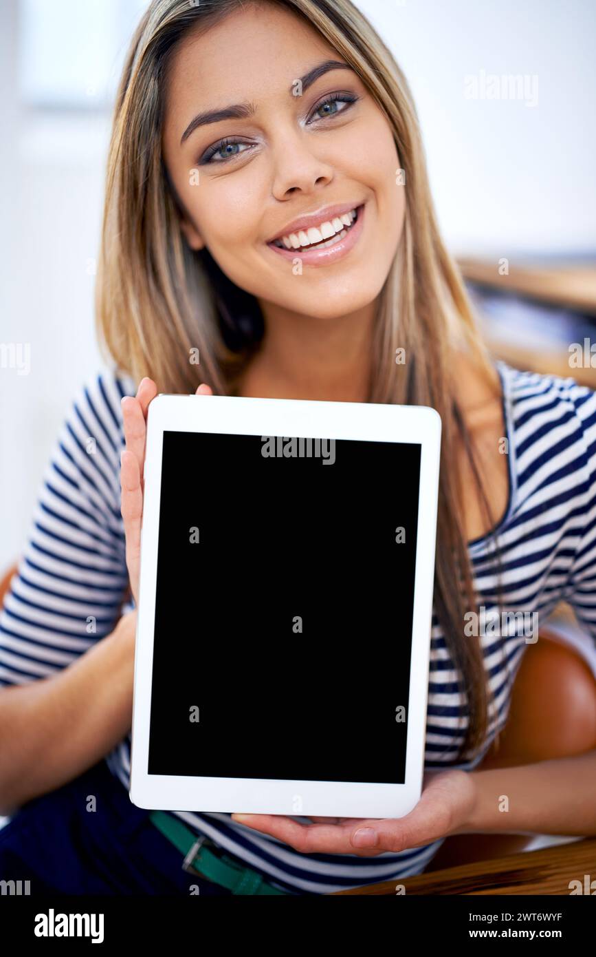 Portrait, tablet screen and happy business woman showing mockup space ...