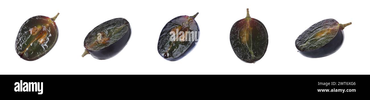 Cut ripe dark blue grapes isolated on white, set Stock Photo - Alamy