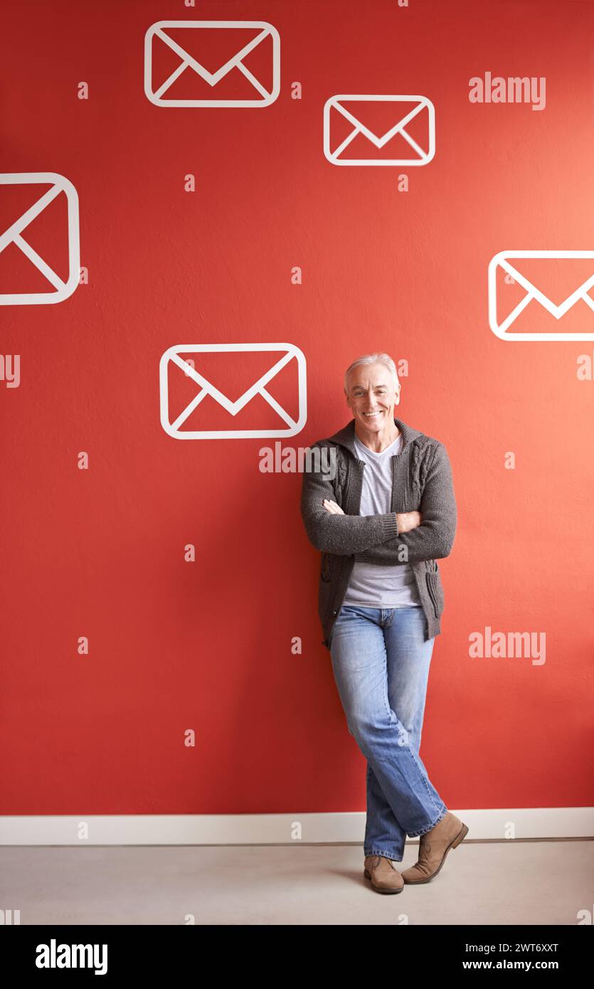 Senior man, confident and email message, studio and icon, communication ...