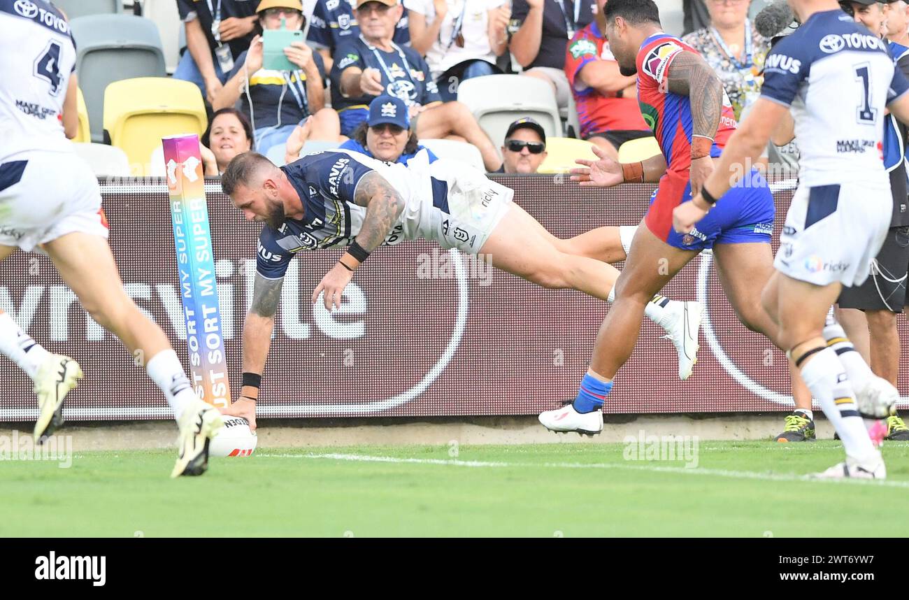Townsville, Australia. 16th Mar, 2024. Kyle Feldt of the Cowboys scores ...