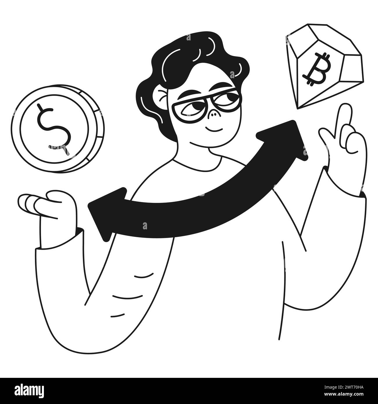 Digital business illustration guy coin and bitcoin circulation Stock ...