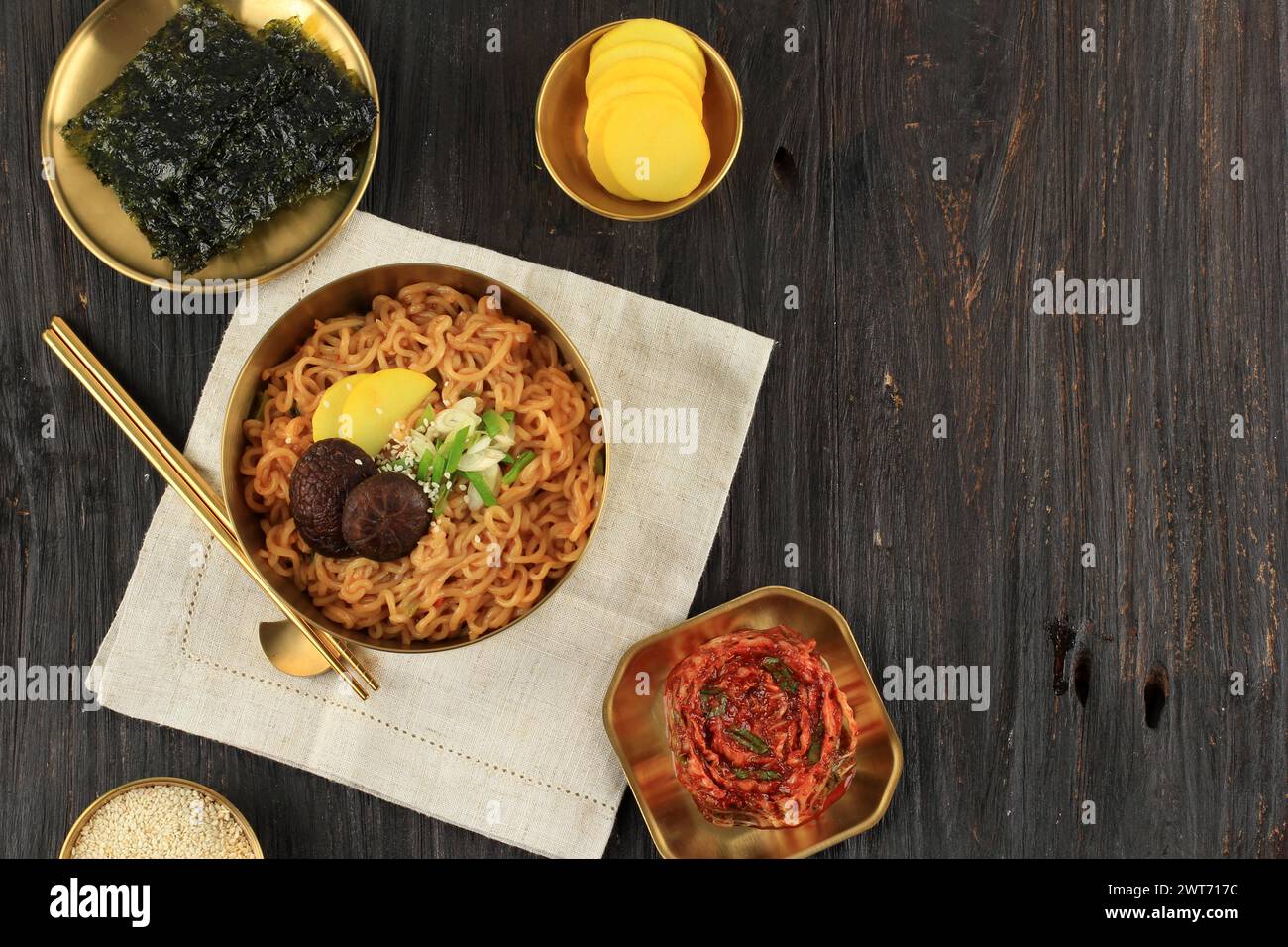 Top View Korean Instant Noodle Ramyeon with Side Dish Stock Photo - Alamy