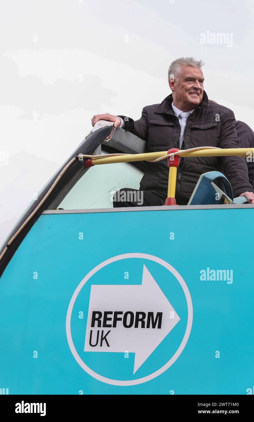 Ashfield, UK. 15th Mar, 2024. Lee Anderson sits on top of the open-top ...