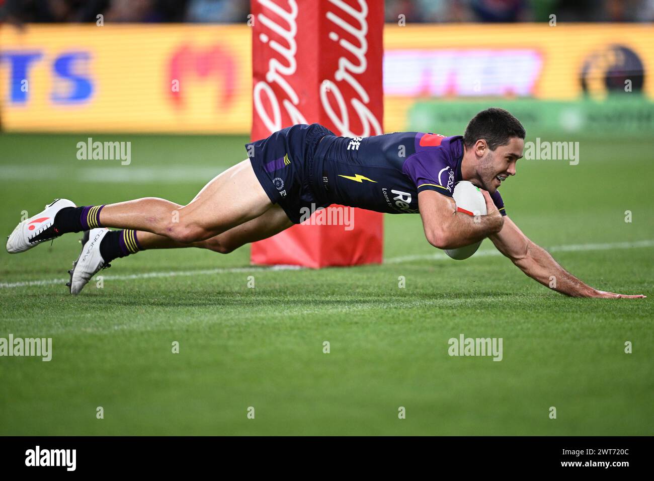 Melbourne, Australia. 16th Mar, 2024. Nick Meaney of the Storm scores a ...