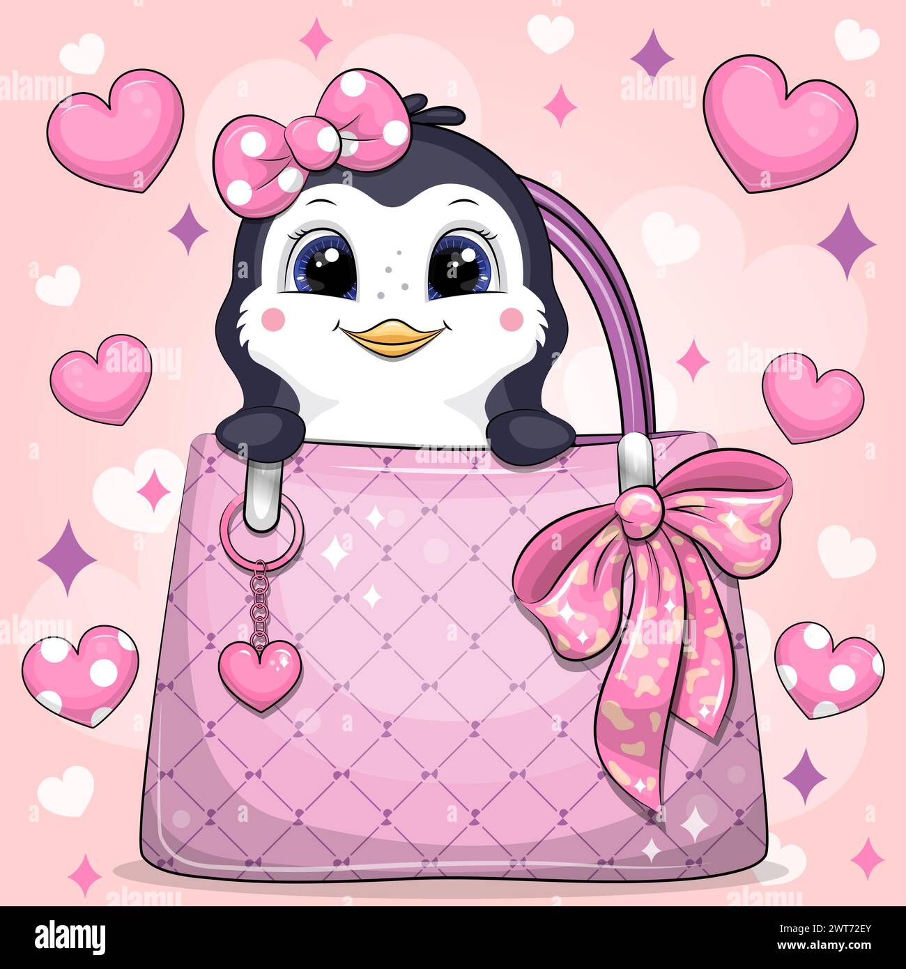 Cute cartoon penguin wears a hair bow and sits in a woman's handbag ...