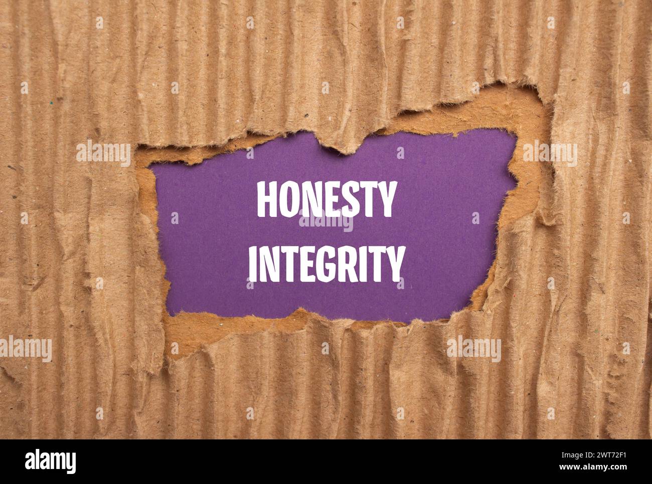 Honesty and integrity words written on torn paper with purple ...