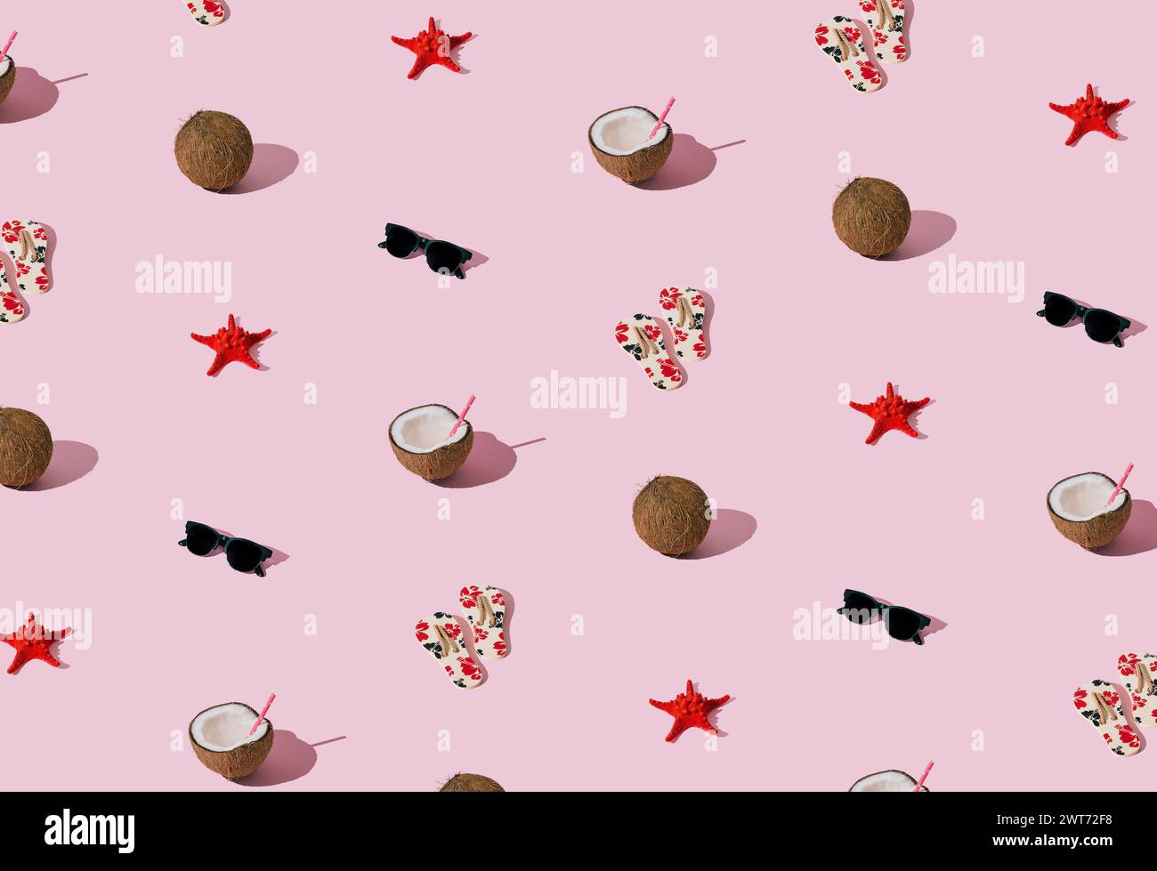 Trendy sunlight summer pattern made with various summer things on light ...