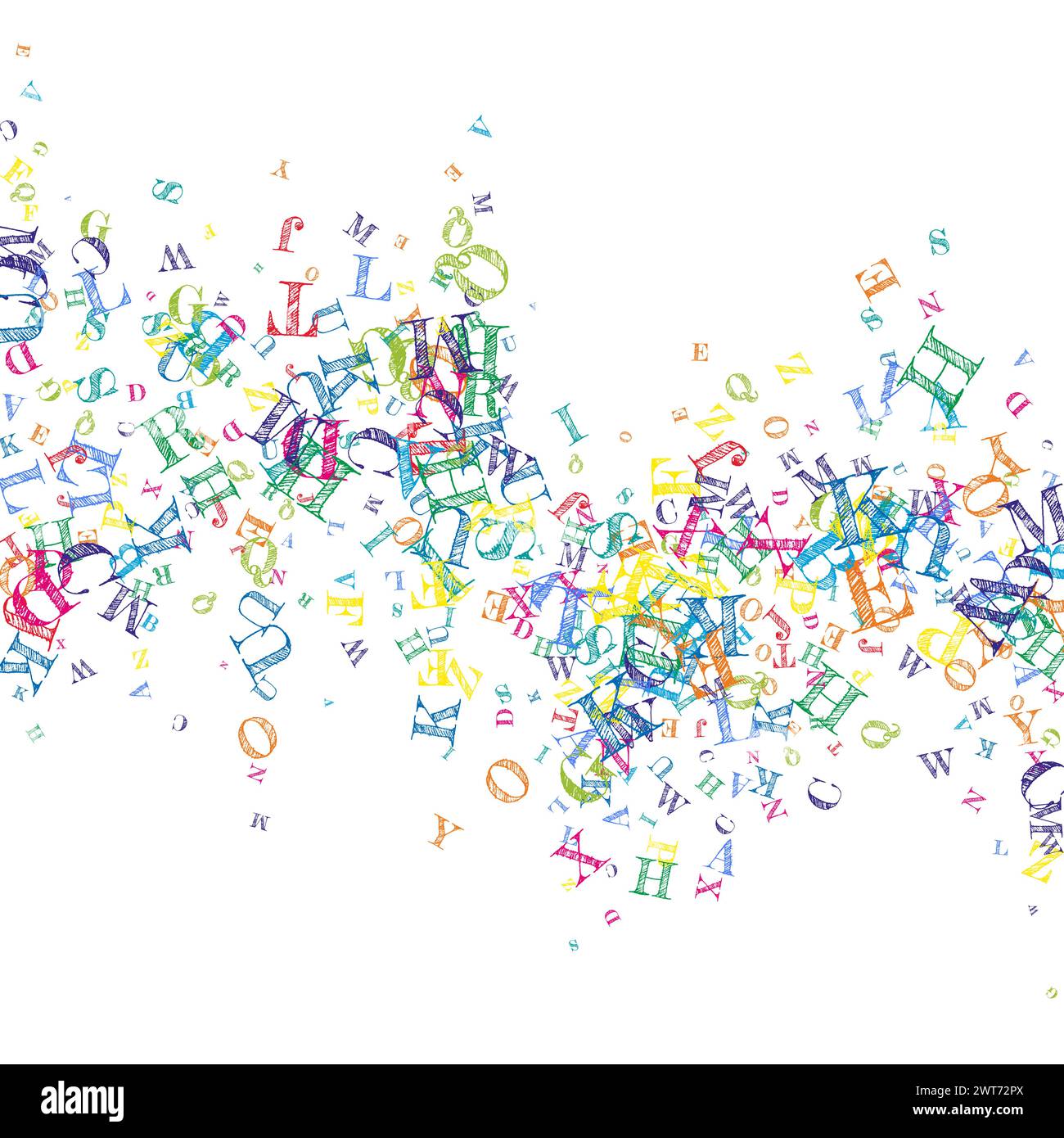 School notebook cover. Colorful childish floating letters of Latin alphabet. Foreign languages ...