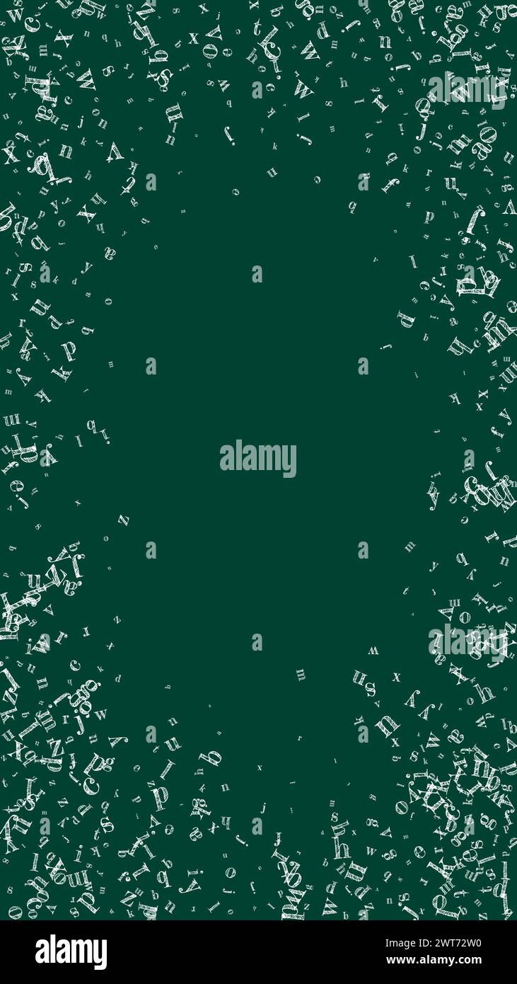 School notebook cover. White chalk floating letters of Latin alphabet ...