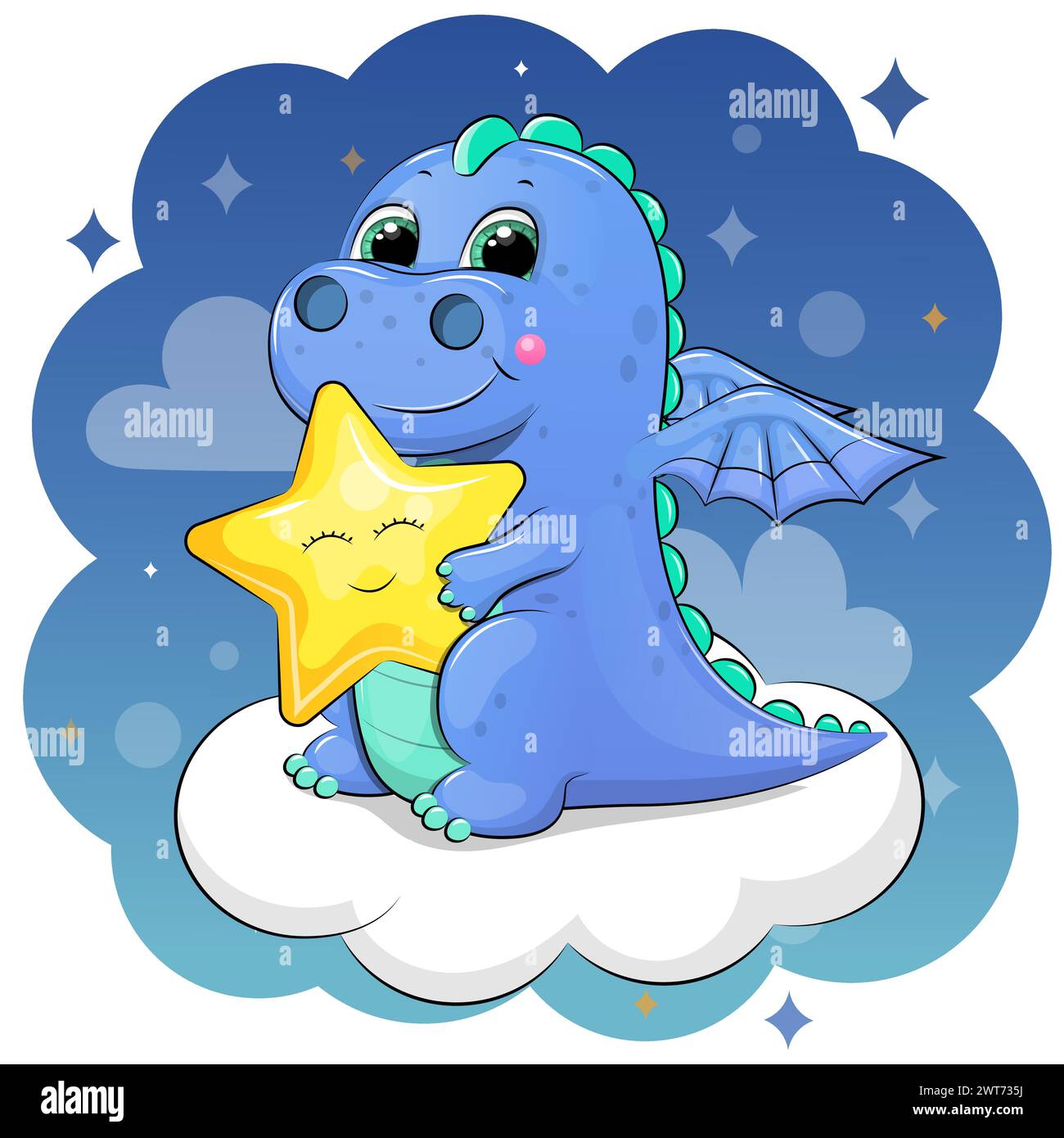 Cute cartoon dragon wearing a nightcap is holding a yellow star and ...