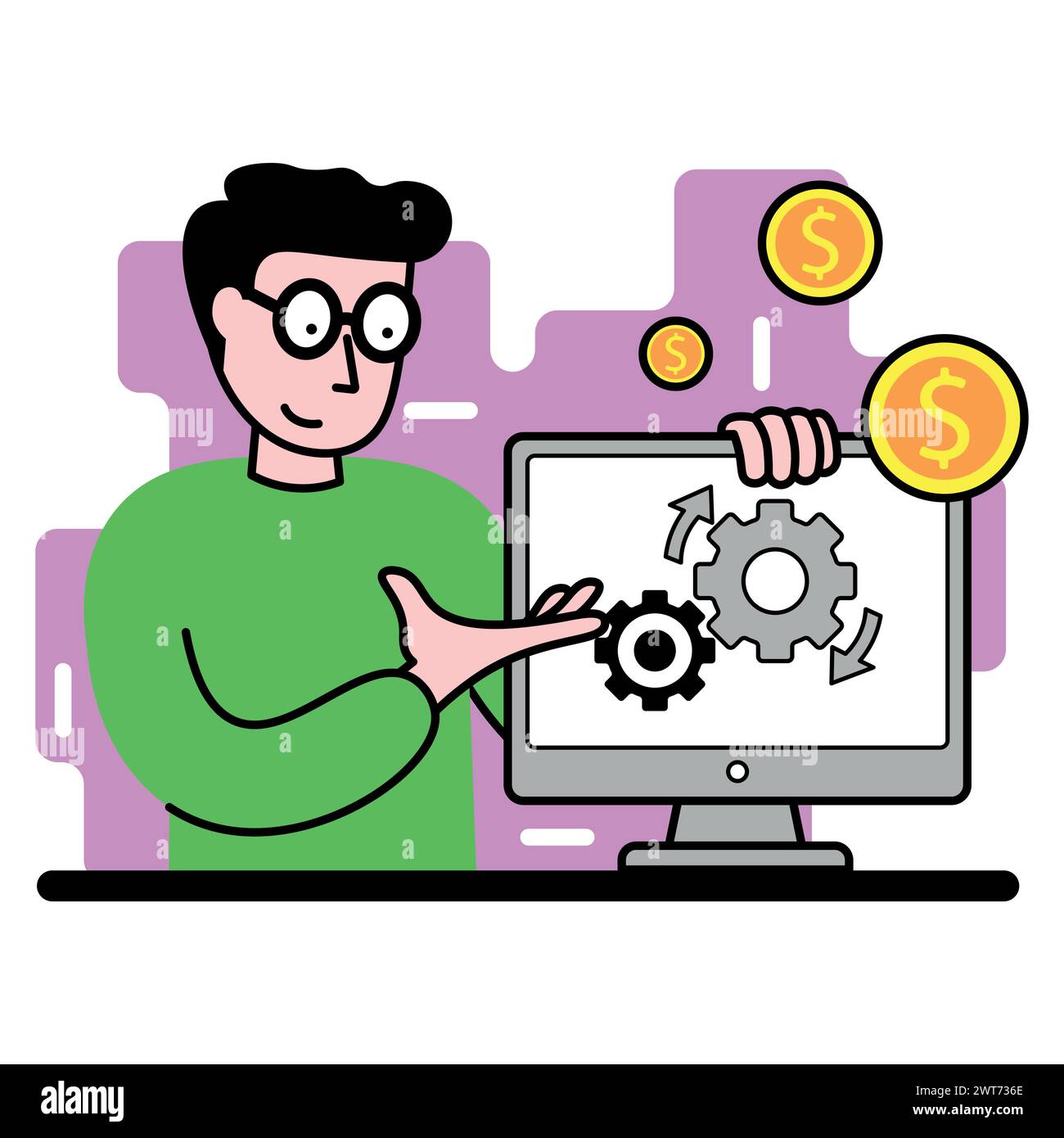 vector flat illustration of man who shows how digital business works ...