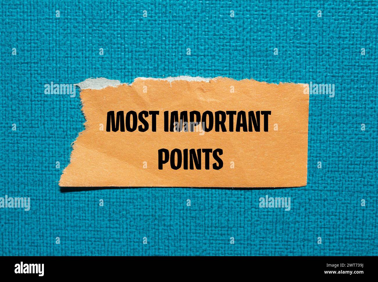 Most important points words written on torn paper piece with blue ...