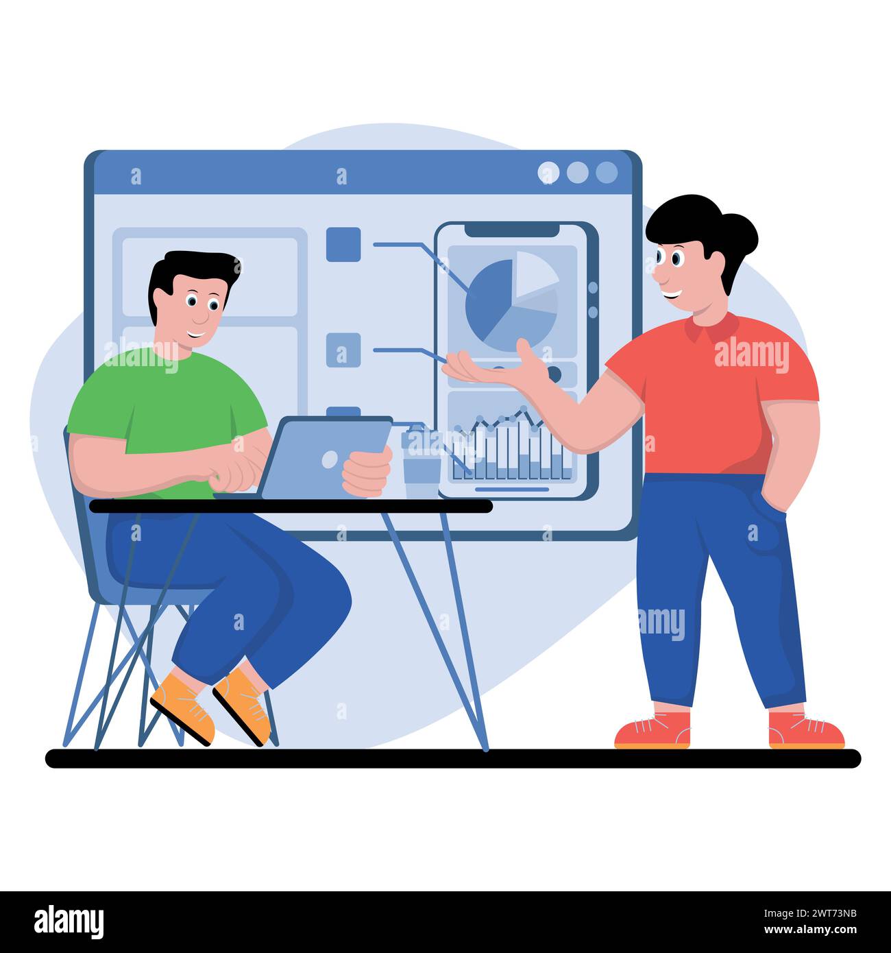 vector image with employees who are in the office discussing current ...