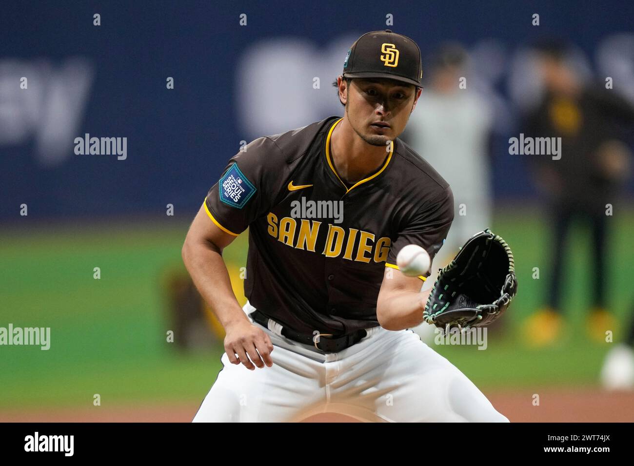 San Diego Padres starting pitcher Yu Darvish fields a ball during a ...