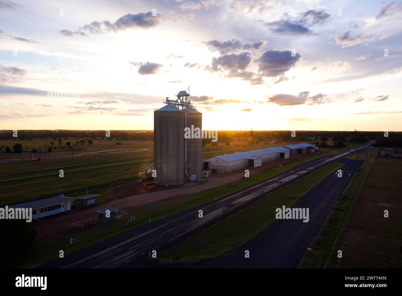 Aerial of Silo's and sheds for wheat harvest at Wallumbilla on the ...