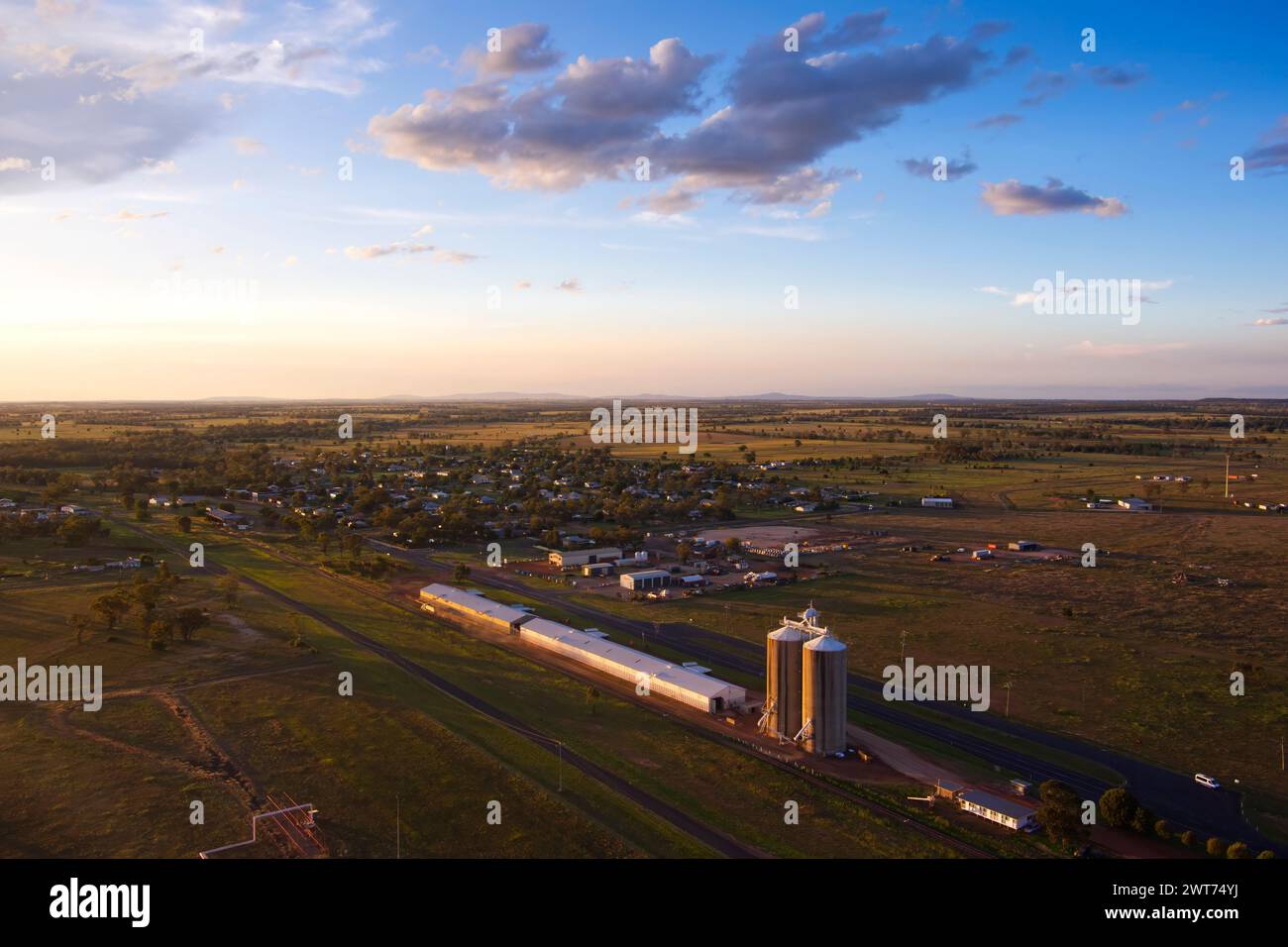Aerial of Silo's and sheds for wheat harvest at Wallumbilla on the ...