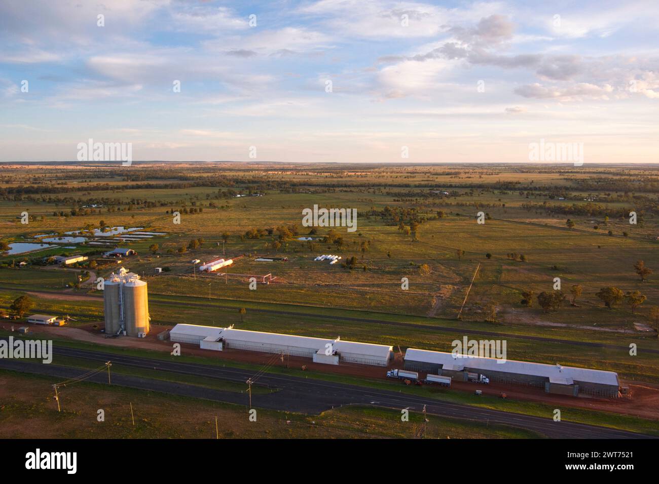 Aerial of Silo's and sheds for wheat harvest at Wallumbilla on the ...