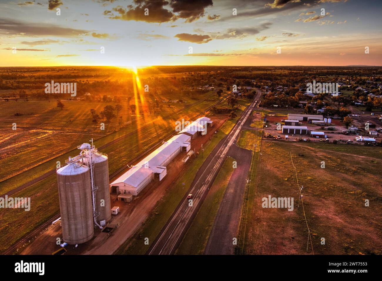 Aerial of Silo's and sheds for wheat harvest at Wallumbilla on the ...