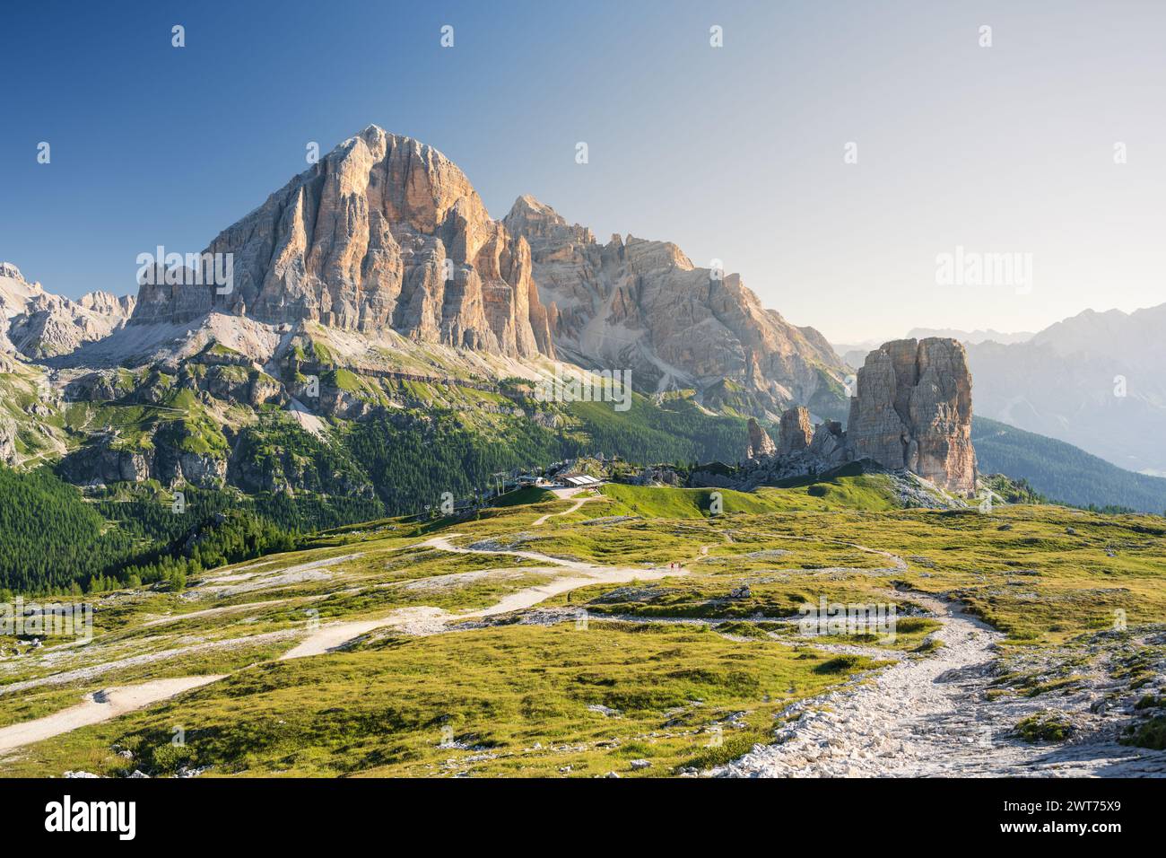 Trekkin path at Cinque Torri and Tofane Mountains at summer cloudless ...