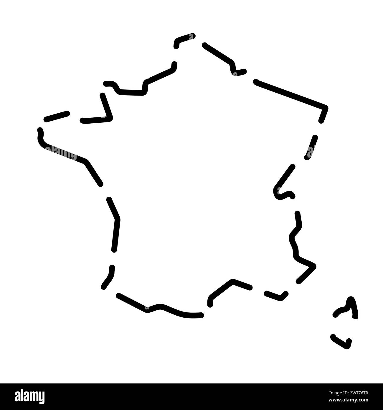 France country simplified map. Black broken outline contour on white ...