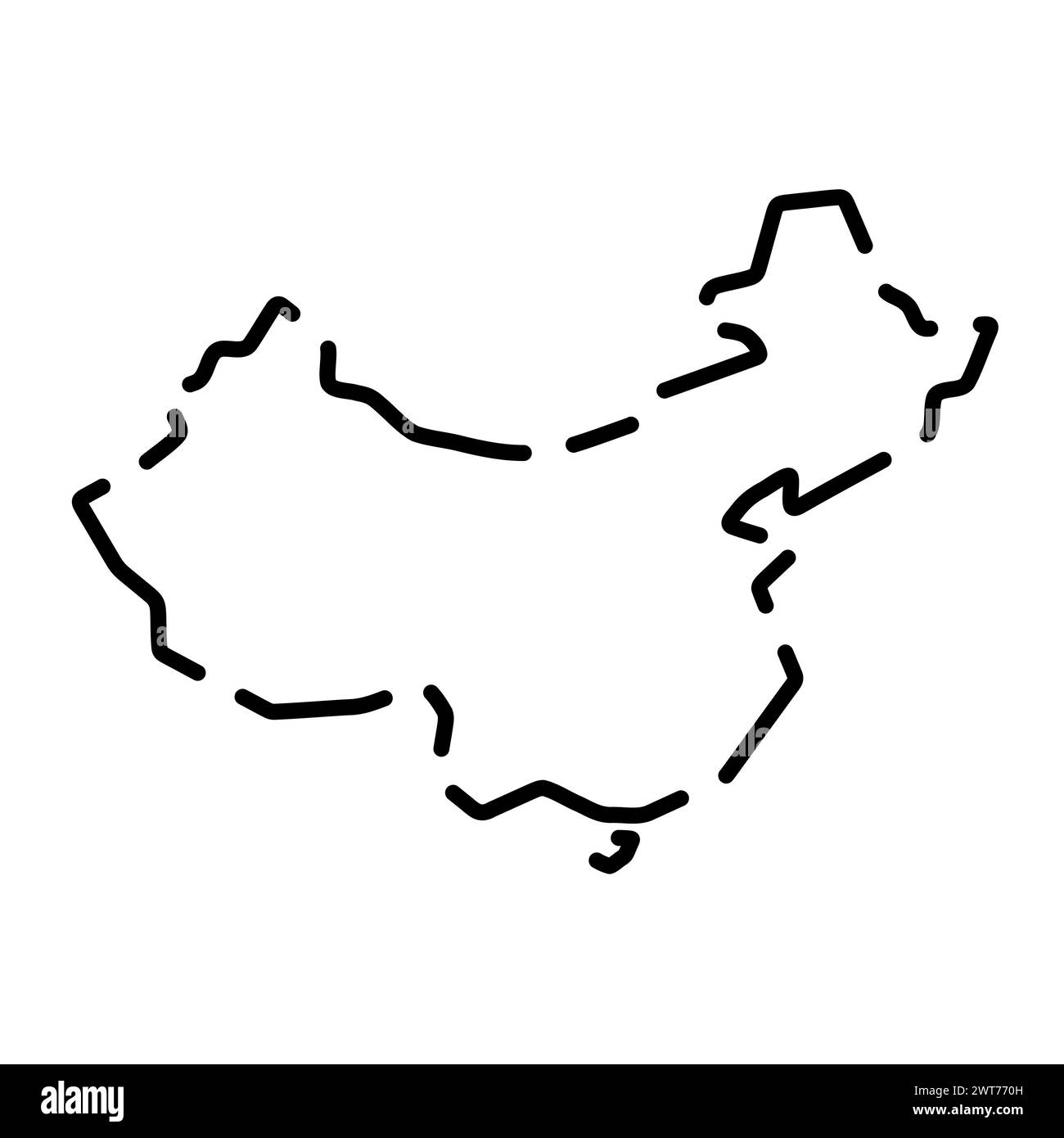China country simplified map. Black broken outline contour on white ...